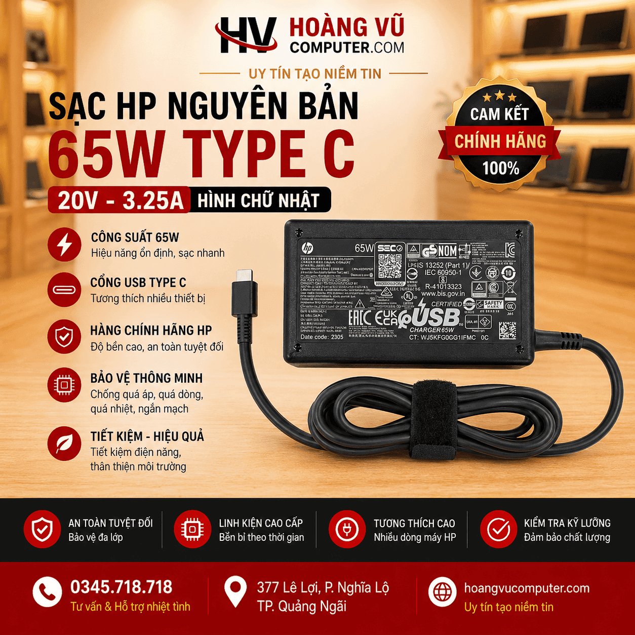 Sạc HP Nguyên Bản 65W 20V-3.25A Type C Hình Chữ Nhật | Bảo Hành 6 Tháng ...